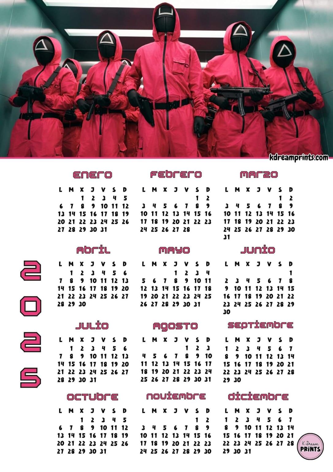 Calendarios 2025 Squid Game para imprimir gratis 💜
