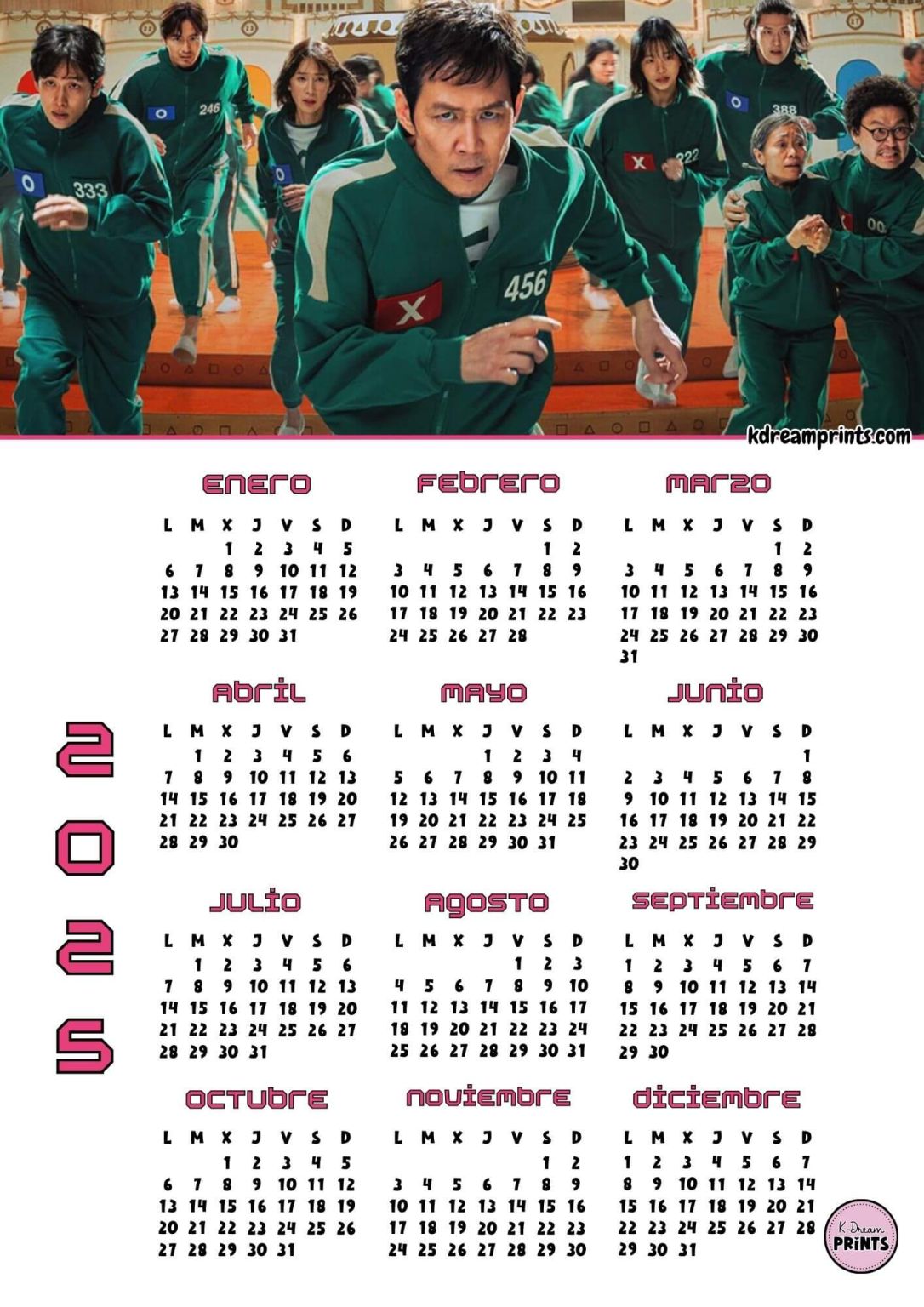 Calendarios 2025 Squid Game para imprimir gratis 💜