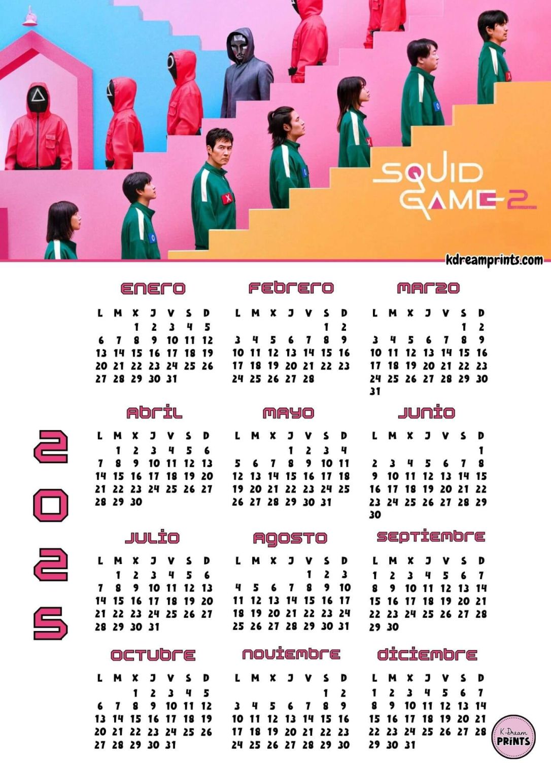 Calendarios 2025 Squid Game para imprimir gratis 💜
