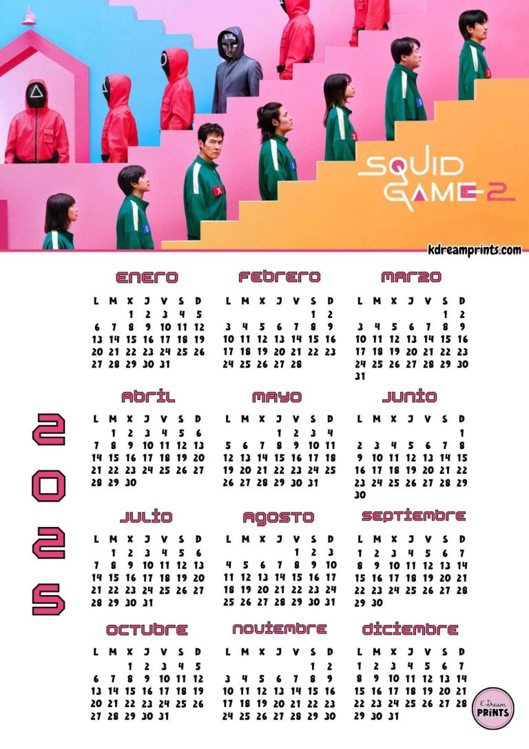 Calendarios 2025 Squid Game para imprimir gratis 💜